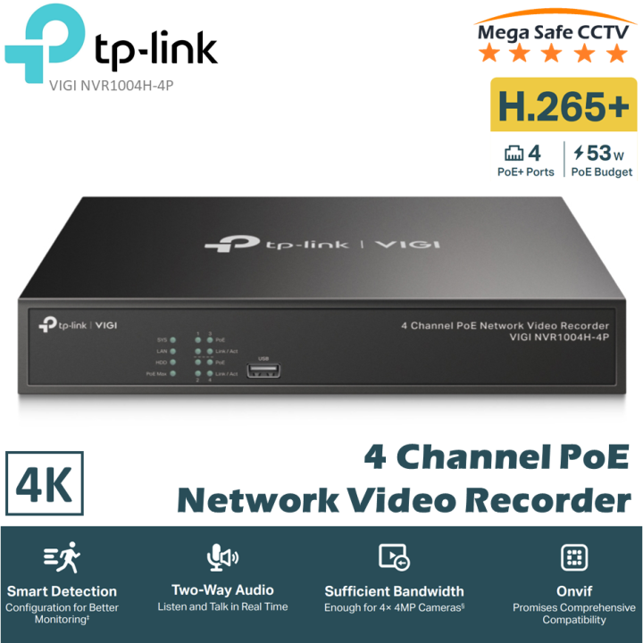 TP-LINK VIGI NVR1004H-4P VIGI 4 Channel PoE+ Network Video Recorder 4K HDMI Video Output & 16MP ...