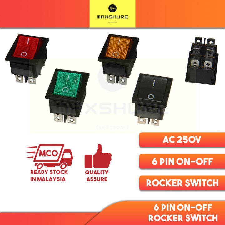[MaxShure] 6 Pin On-Off Rocker Switch AC 250V DPST LED Panel Mount Type ...