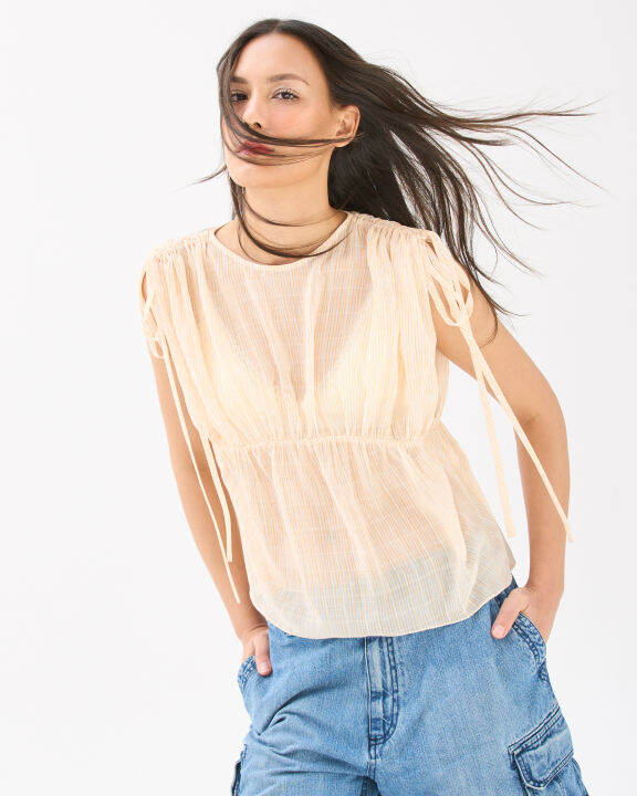 VANNSTOFF July Blouse เสื้อผ้าชีฟองคอกลมรูดใต้อกแขนกุด | Lazada.co.th