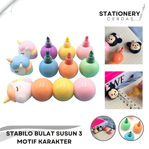 Stabilo Bulat Susun 3 Warna Highlighter Penanda Catatan Motif Lucu ...
