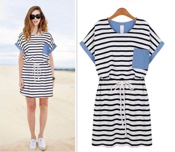 Mizee Denim Detail Stripe Cotton Drawstring Dress A304 | Lazada PH