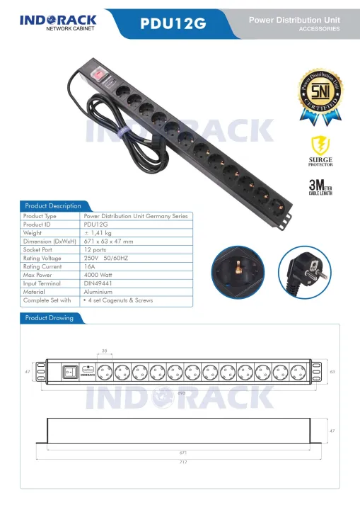 INDORACK 19" Power Distribution Unit 12 Port Germany Socket : PDU12G ...