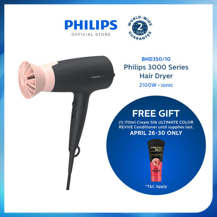 Philips 3000 Series Hair Dryer, 2100W Ionic BHD350/10 + FREE Cream Silk Conditioner with ...
