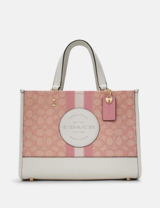 Coach Dempsey Tote 30 PINK and WHITE in Signature Jacquard with Stripes ...