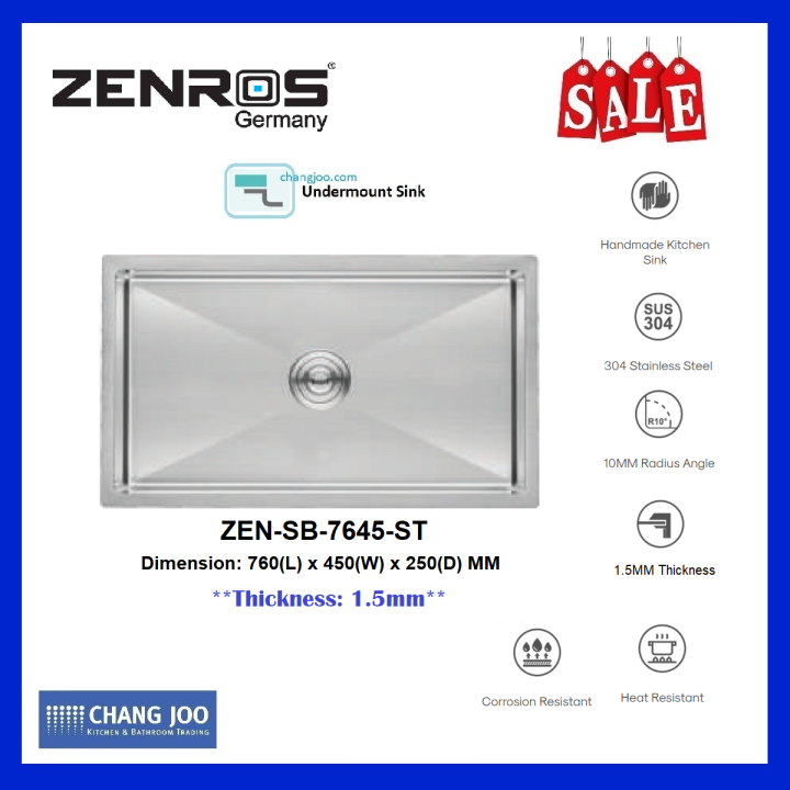 ZENROS ZEN-SB-7645-ST 1.5mm thickness Stainless Steel Kitchen Sink | Lazada