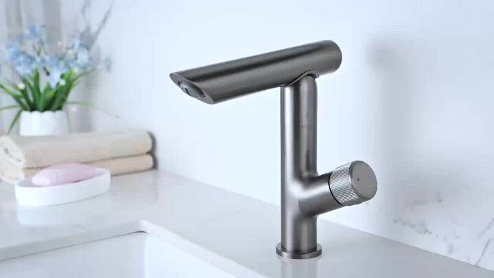 TOLM 360องศาสีดำห้องน้ำลุ่มน้ำก๊อกน้ำผสมน้ำแตะห้องน้ำร้อนและเย็นหลุมเดียวเดียว HandleVanity น้ำ ...