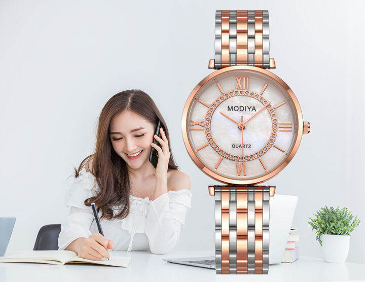 นาฬิกาข้อมมือแฟชั่นผู้หญิง Modiya นาฬิกาข้อมือควอทซ์สายสแตนเลสสําหรับ ...