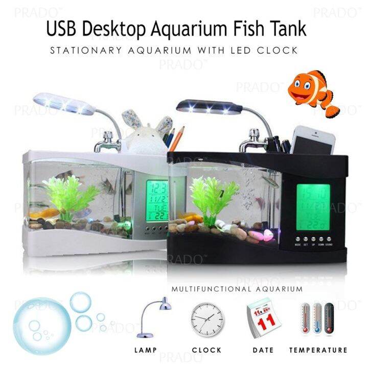Mini USB Aquarium Desktop with LCD Display Fish Tank LED Clock Table ...