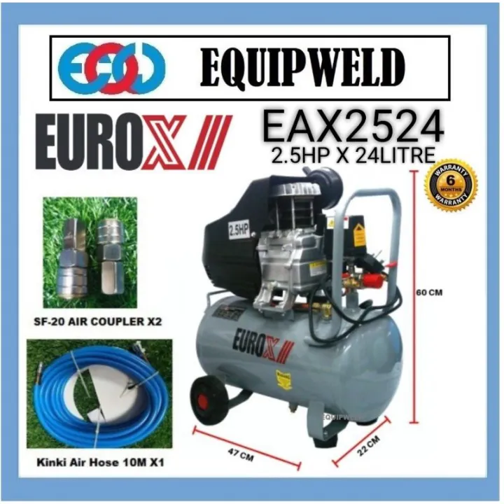 EUROX EAW2524 AIR COMPRESSOR 2.5HP X 24LITRE + FOC KINKI HOSE 10M + SF-20 COUPLER X2 (EUROPOWER ...