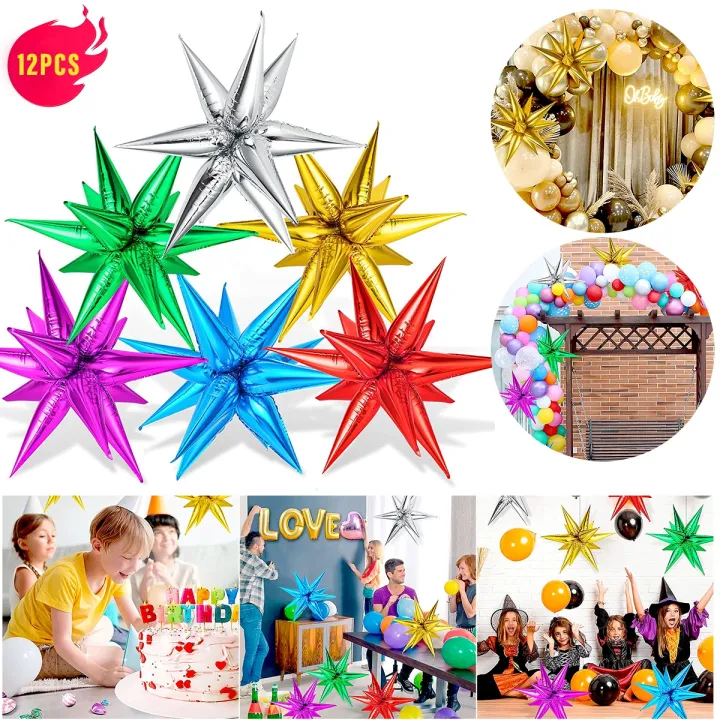 【Hot】12Pcs Explosion Point Star บอลลูนกรวยฟอยล์ Starburst 3D Drop Shape ...