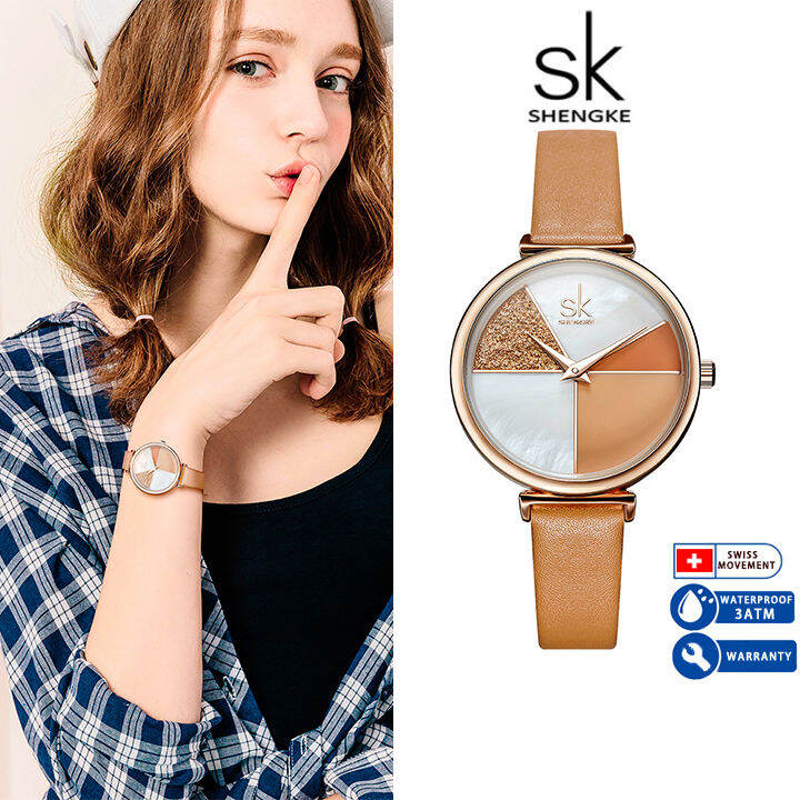 SHENGKE นาฬิกาข้อมือแฟชั่นสุภาพสตรีสายหนังหน้าปัดอายแชโดว์กันน้ำ-Beach Walk K0109 | Lazada.co.th