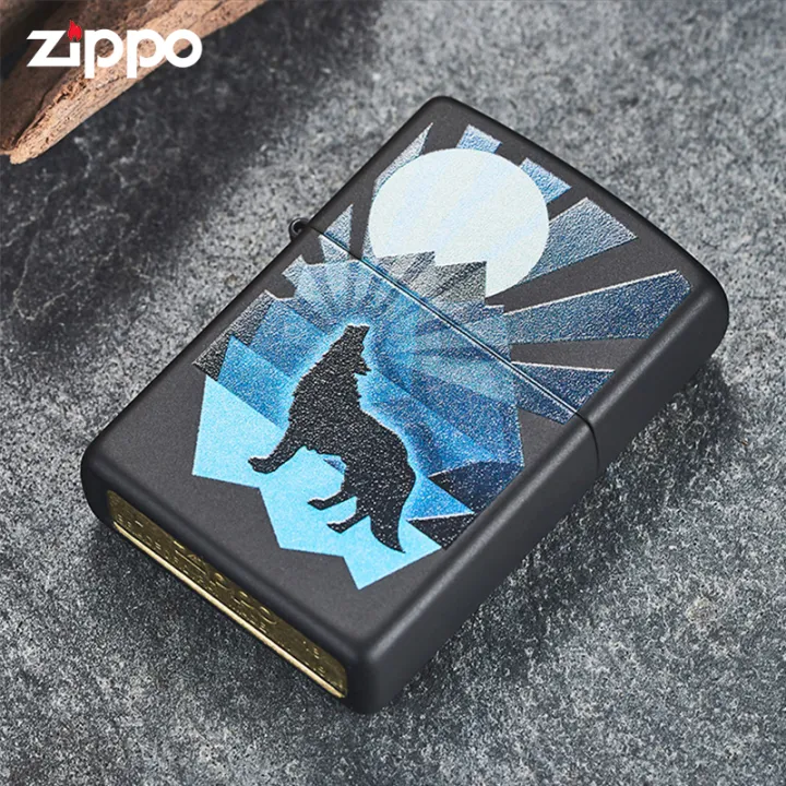 ZIPPO® Wolf Howling At The Moon Design Black Matte Pocket Lighter ...