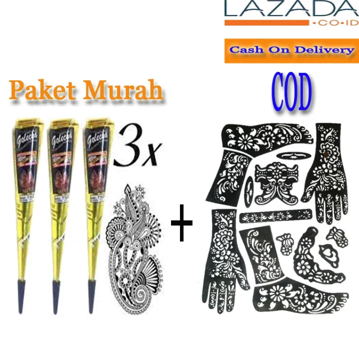 HENNA TANGAN GOLECHA HENA HALAL HITAM 3 CONE & CETAKAN HENA TANGAN 1 ...