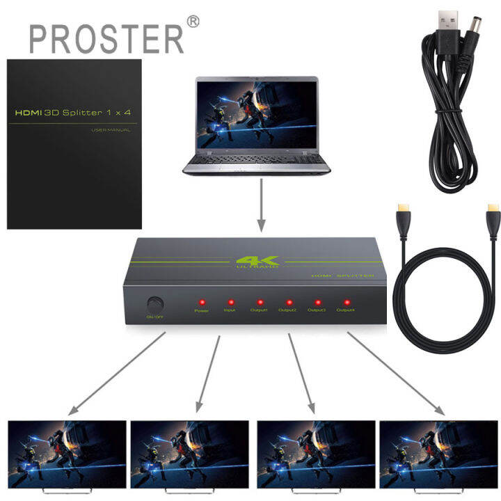 Proster Ultra HD 4K x 2K HDMI Splitter Amplifier 1 in 4 Out HDMI Signal ...