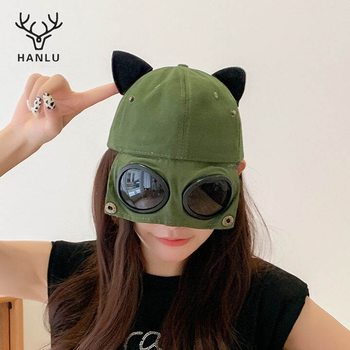 Hanlu หมวกสตรีทสไตล์เกาหลี หมวกฮิปฮอป หมวกแว่นตานักบิน ผู้หญิง หมวกเบสบอลผญ หมวกมีหูแมวน่ารัก ...