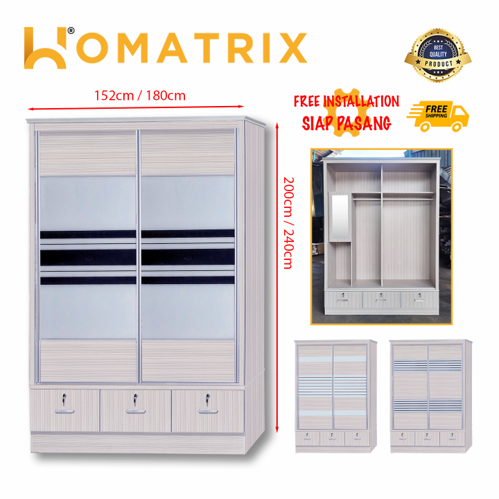 HOMATRIX Sliding Door Wardrobe With Mirror Storage Cabinet Almari Baju ...