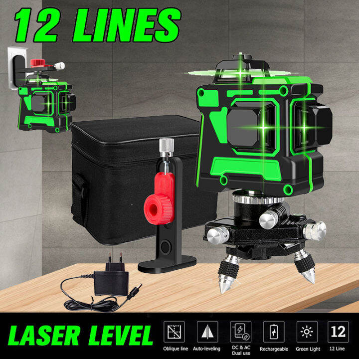 Laser Level 12 Lines 3D Green Laser Level Self-Leveling 360 Degrees ...