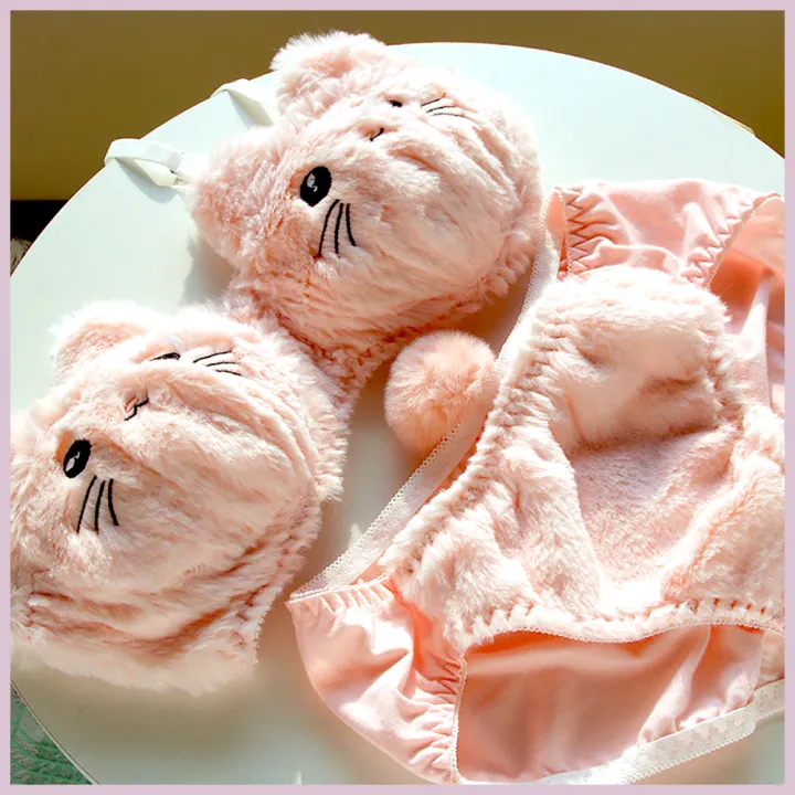 Girls Cute Cat Bras Set Plush Embroidery Cartoon Lingerie For Woman ...