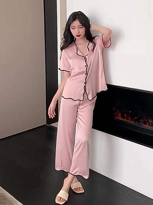 hksh2022 ชุดนอนผ้าไหมบางสำหรับผู้หญิง ชุดกางเกงขายาวแขนสั้นสีตัดกัน ชุด ...