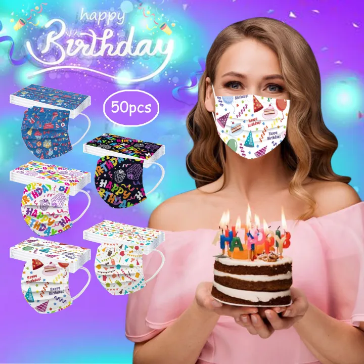 RRS 50PCS Adult's Mask Happy Birthday Disposable White Face Mask Ear ...
