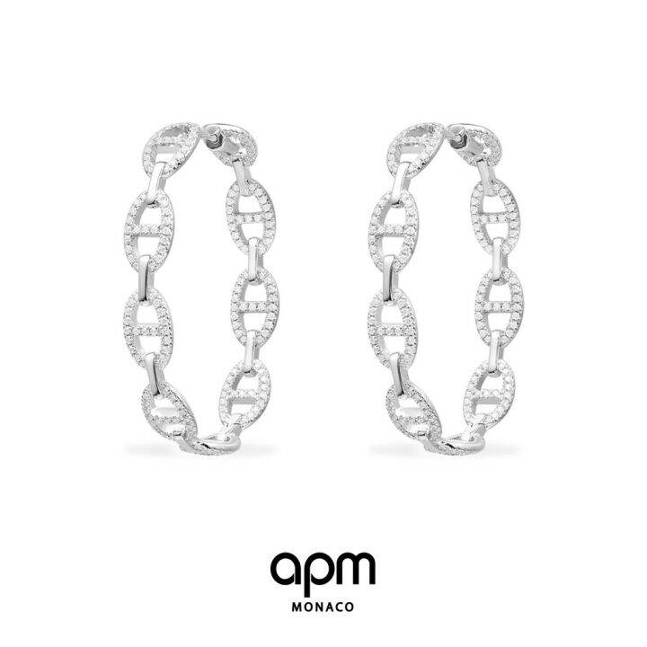 [มาพร้อมกับบรรจุภัณฑ์ที่สวยงาม] APM Monaco ห่วงโซ่ขนาดใหญ่925ต่างหูสีขาวเงินสำหรับแฟนสาว ...