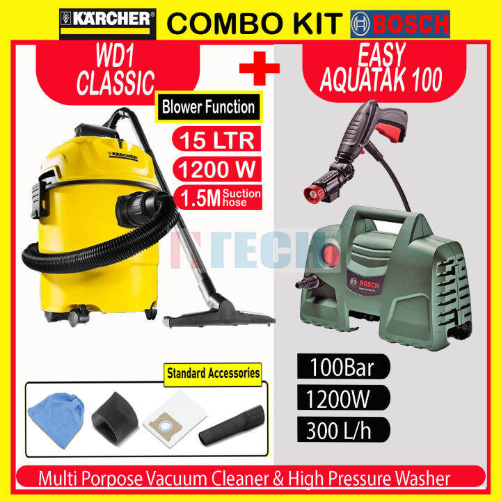 COMBO KIT BOSCH EASYAQUATAK 100 HIGH PRESSURE WASHER C/W KARCHER WD1 CLASSIC VACUUM CLEANER | Lazada