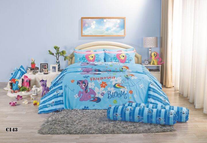 ผ้าปูที่นอนซาติน Satin รหัสสินค้า C143 ลายม้าโพนี่ PONNY สีฟ้า ขนาด 3.5 ...