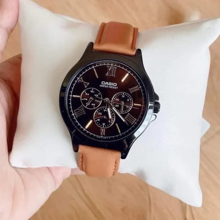 นาฬิกา Casio แท้ 100 รุ่น Mtp V300bl 5a นาฬิกาผู้ชายสายหนัง หน้าปัดดำอนาล็อก 3 เข็ม ของแท้ 100