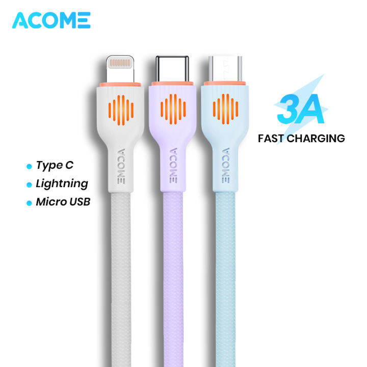 ACOME Kabel Data Seri AS-100S New Lightning Type C Micro USB 1 Meter Cable AiC Fast Charging ...