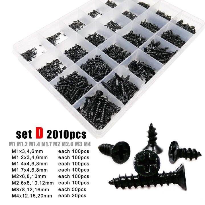 700/1000/2010pc M1 M1.2 M1.4 M1.7 M2 M3 M4 Black Phillips Cross Flat Countersunk Head Self ...