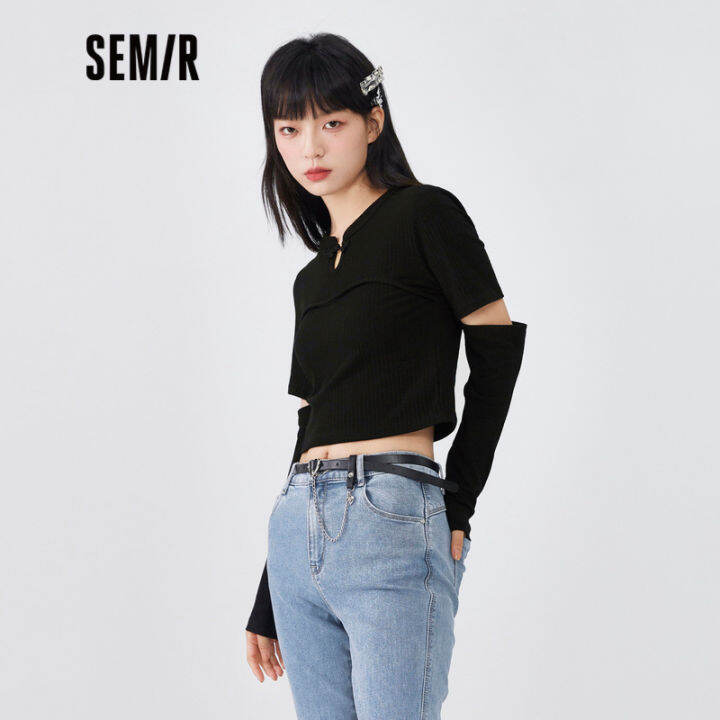 Semir เสื้อยืดผู้หญิงสั้นสไตล์การออกแบบกลวง2022ฤดูใบไม้ผลิและฤดูใบไม้ร่วงใหม่บางปุ่มเสื้อยืดสี ...