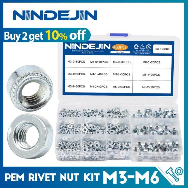 NINDEJIN 450pcs self clinching nut zinc plated steel M3 M4 M5 M6 PEM rivet nut pressure riveting ...