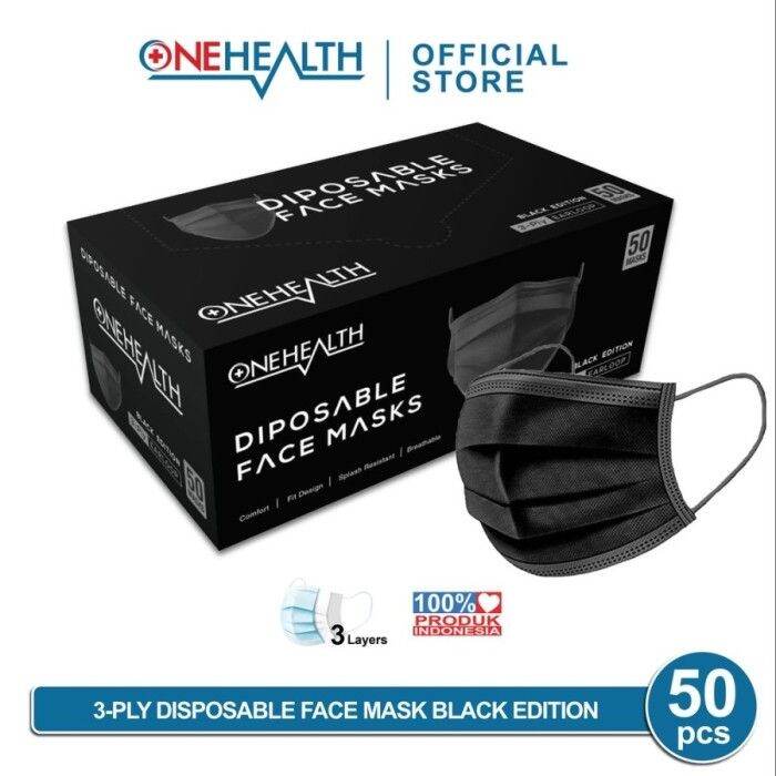 OneHealth Masker Hitam Black Edition Face Mask 3ply isi 50 pcs ...