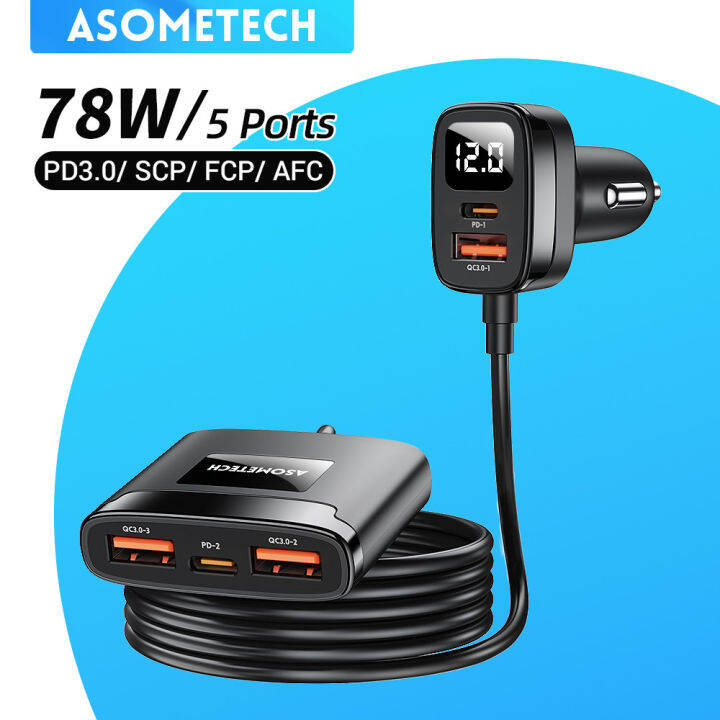 ASOMETECH 78W 5 In 1 Car Charger USB C Car Charger Fast Charge PD 3.0 ...