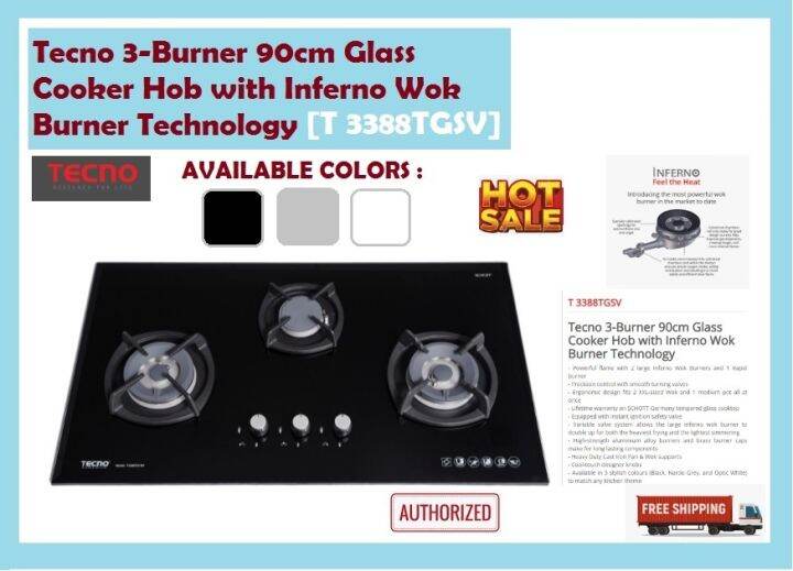 Tecno T3388TGSV 3-Burner 90cm Glass Cooker Hob with Inferno Wok Burner ...