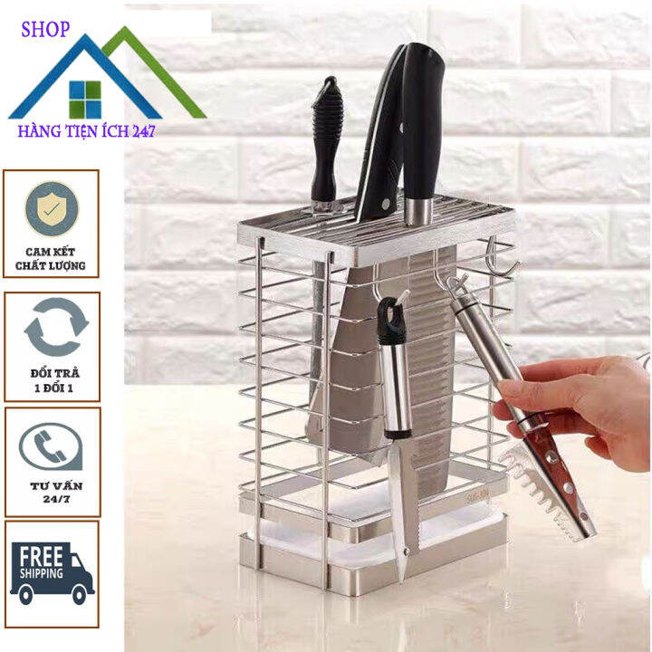 Kệ đựng dao kéo Inox 304 kèm 3 móc treo và khay hứng nước, không rỉ sét ...