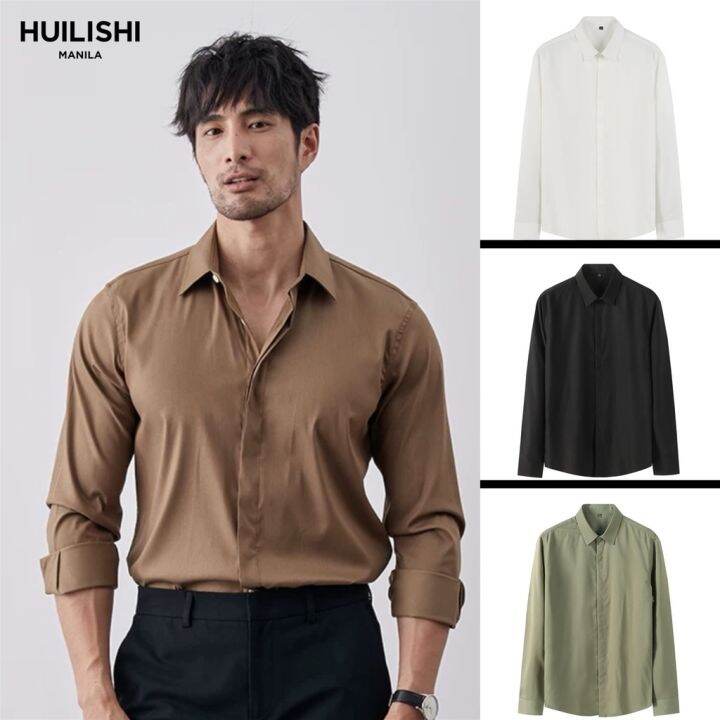 【cod】 Huilishi Plain Mens Korean Style Long Sleeve Shirt Lazada Ph