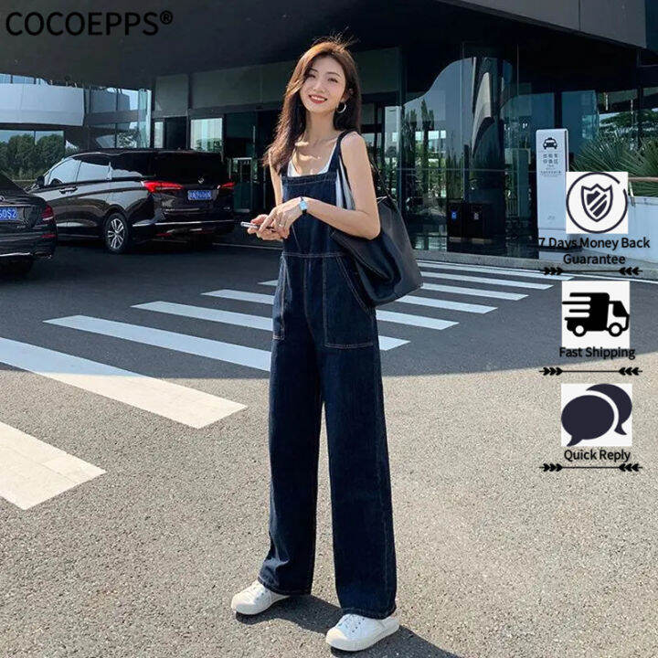 COCOEPPS korean style outfits for women Denim Overalls 2023 New Loose Straight Large Trousers ...