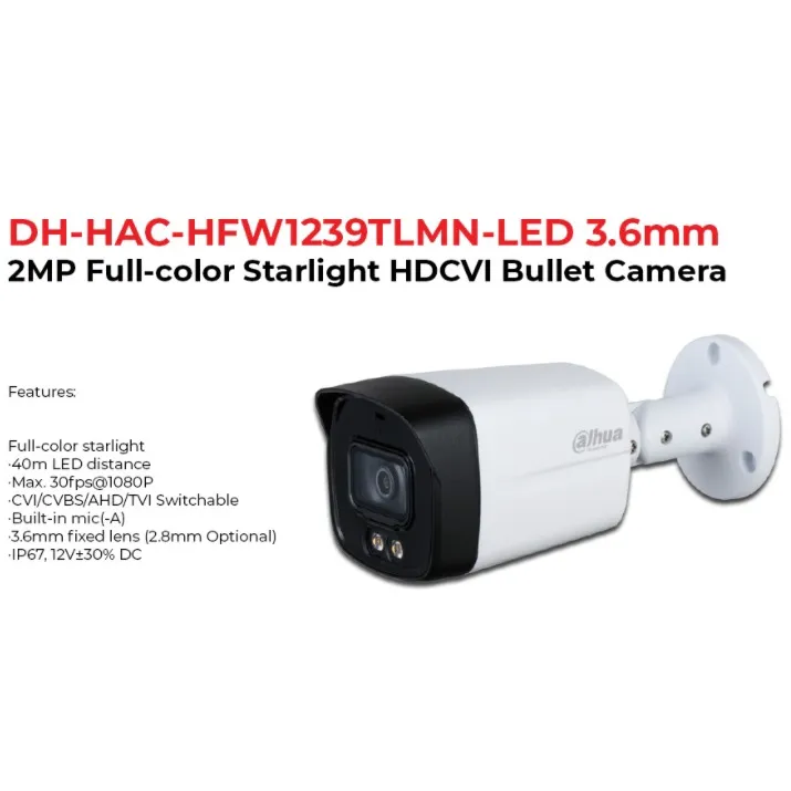 Dahua DH-HAC-HFW1239TLMN-A-LED 2MP Full Color Starlight HDCVI Bullet Camera with Mic | Lazada PH