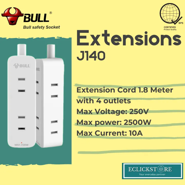 Bull Extension Socket J Series J140 180cm Cable 4 Outlets 2500w 10A ...