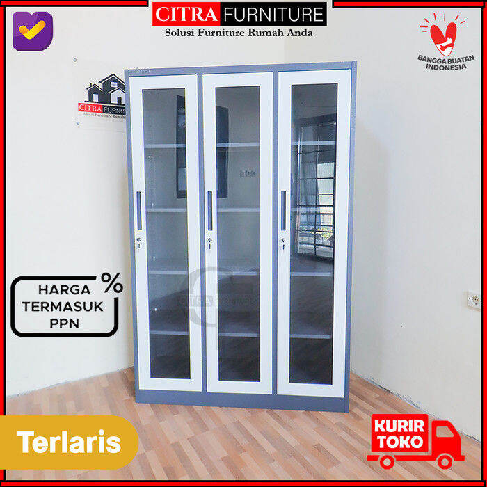 SHUMO ® Lemari Arsip Besi 3 Pintu Full Kaca | Filling Cabinet Grey ...