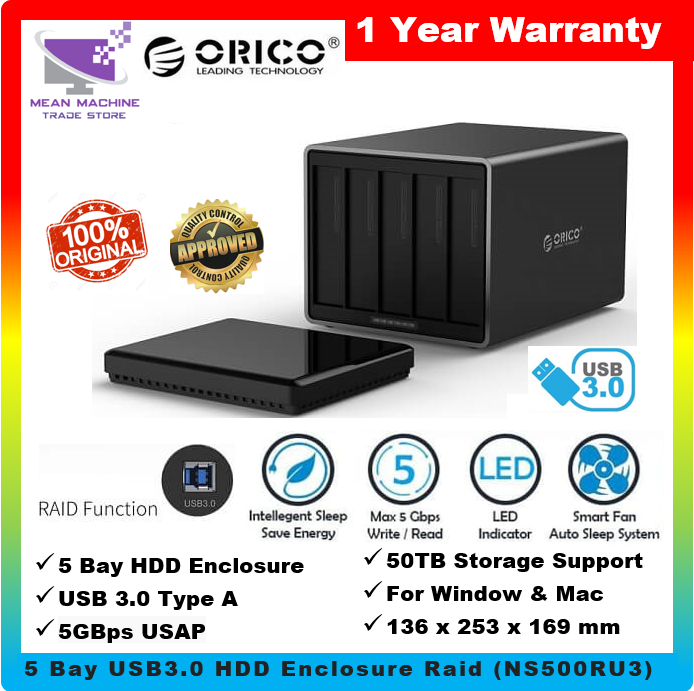Orico 5 Bay USB3.0 Hard Drive Enclosure with Raid 5GB/s Up to 50TB ...