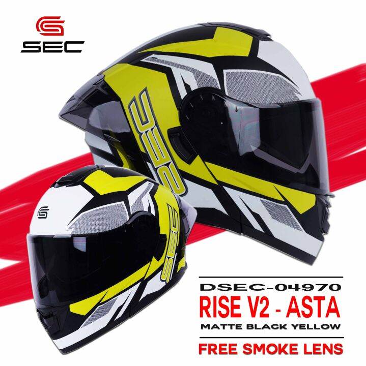 SEC Rise V2 Asta Modular Dual Visor Helmet Matte Black Yellow DSEC ...