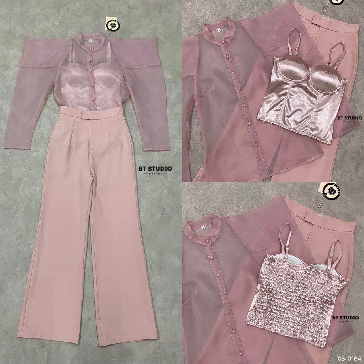 งานป้าย BT-Studio set 3ชิ้นเสื้อเชิ้ตชีฟองแต่งแขนตั้งกระดุมหน้า มาพร้อมเสื้อครอปสายเดี่ยว ...
