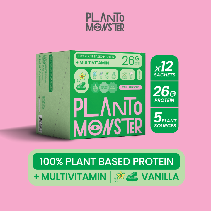 PlantoMonster Vanilla Plant Protein โปรตีนพืช รส วานิลลา 1 กล่อง 12 ซอง ซองละ 26 กรัม โปรตีนสูง ...