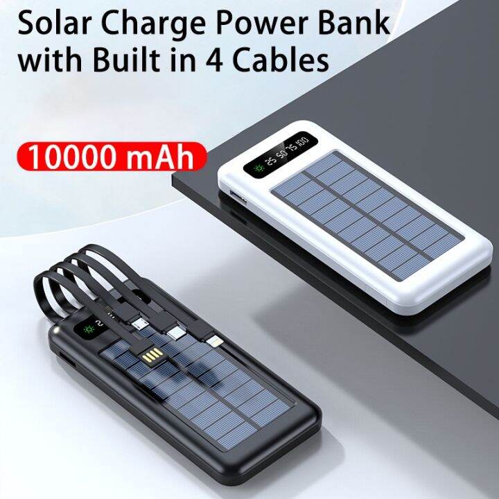 【ready Stock】 Solar Charge Power Bank 10000mah With Built In 4 Cables Usb Type C Inputoutput