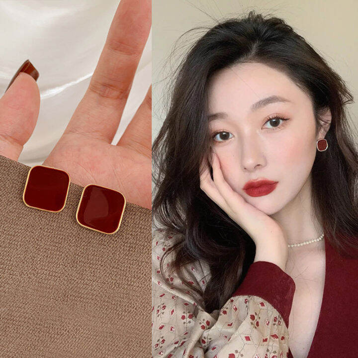 HUMOK เกาหลีต่างหูแฟชั่นสาวต่างหูอารมณ์ที่เรียบง่ายอาเกตสีแดงต่างหูหญิง ...