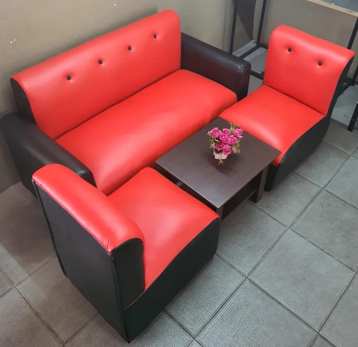 SALA SET LEATHER RED BLACK BUTTONS WITH CENTER TABLE | Lazada PH