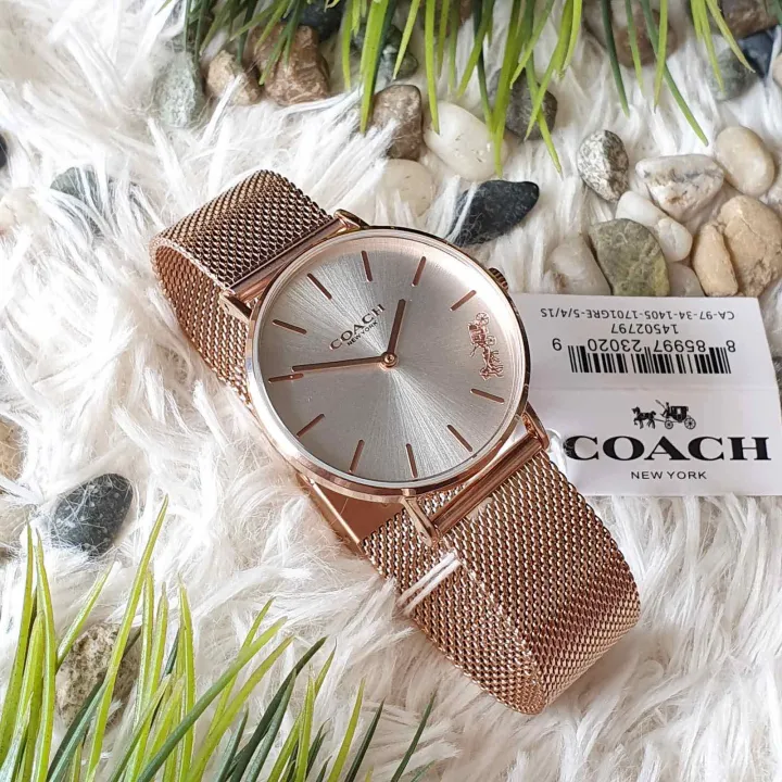 Coach 14503125 Three Hand Perry 36mm Gold Dial Mesh Bracelet Rose Gold ...
