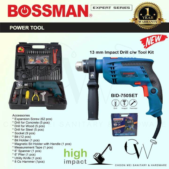 BOSSMAN 750w Impact Drill 13mm Heavy Duty with Tools Set Drill Dinding ...